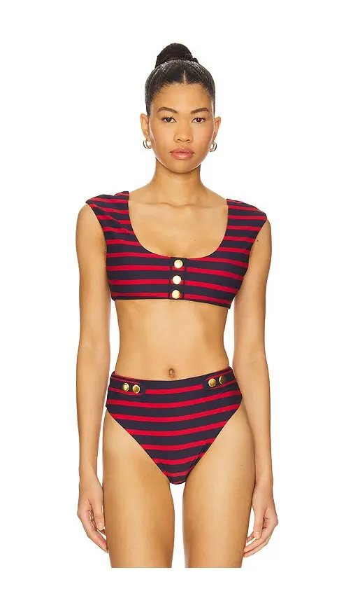 WeWoreWhat Off Shoulder Bikini Top - Red & Dark Navy