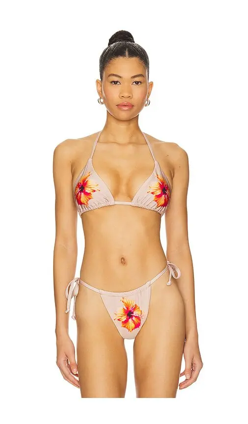 Good American Satin Tiny Ties Bikini Top - Champagne Tropical Hibiscus001