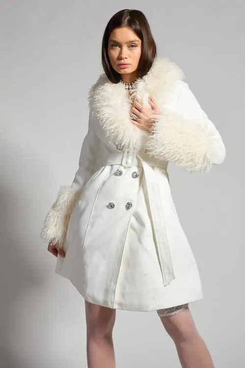 SPARKL Trench Coat With Faux Fur And Crystal Button Details - White