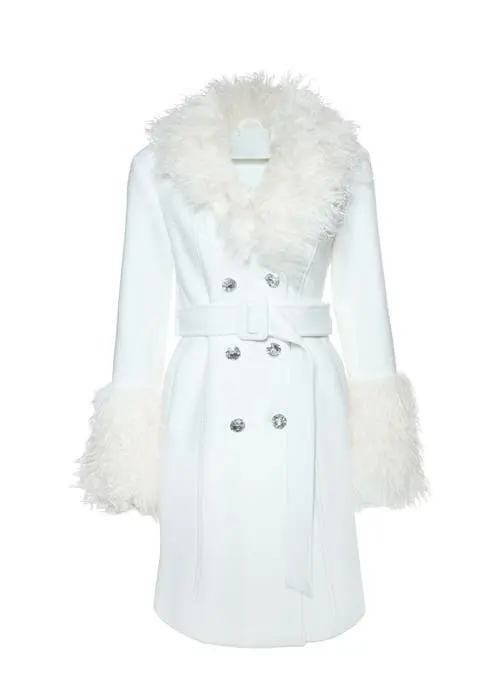 SPARKL Trench Coat With Faux Fur And Crystal Button Details - White