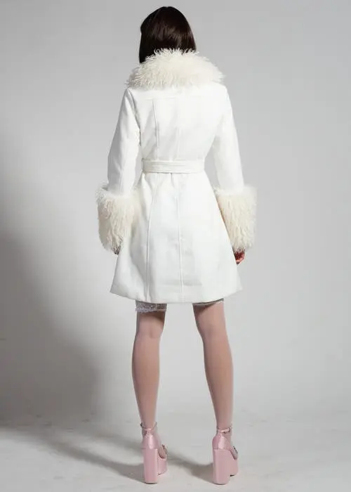 SPARKL Trench Coat With Faux Fur And Crystal Button Details - White