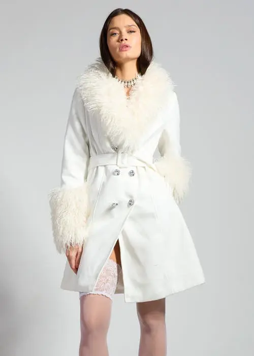 SPARKL Trench Coat With Faux Fur And Crystal Button Details - White