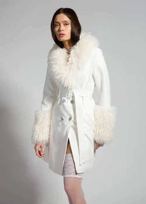 SPARKL Trench Coat With Faux Fur And Crystal Button Details - White