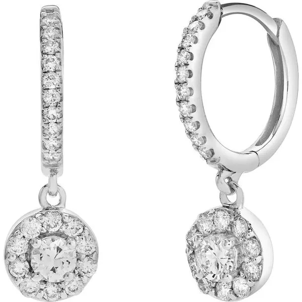 LUVMYJEWELRY Round Diamond Drop Huggie Hoop Earrings - 14k White Gold
