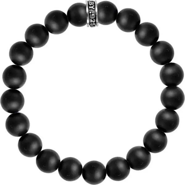 KING BABY STUDIO 10mm Black Onyx Beaded Bracelet With Logo Ring - Silver