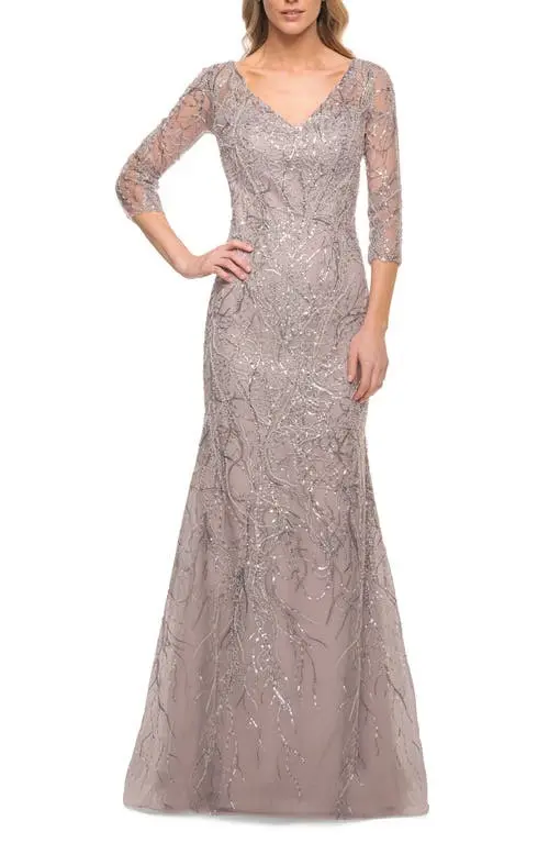 La Femme Lace Beaded Gown With Sleeves