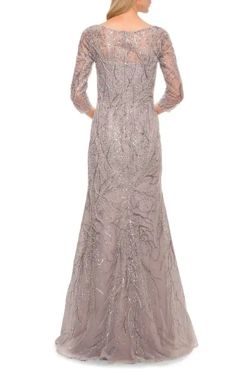 La Femme Lace Beaded Gown With Sleeves