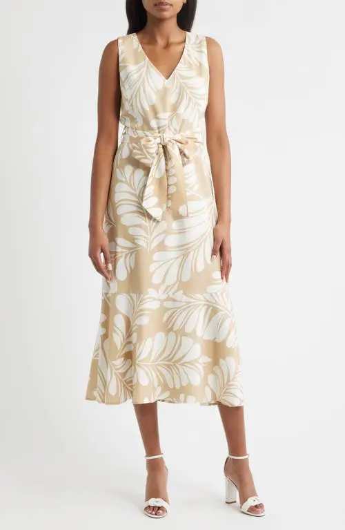 Anne Klein Leaf Print Sleeveless Midi Dress