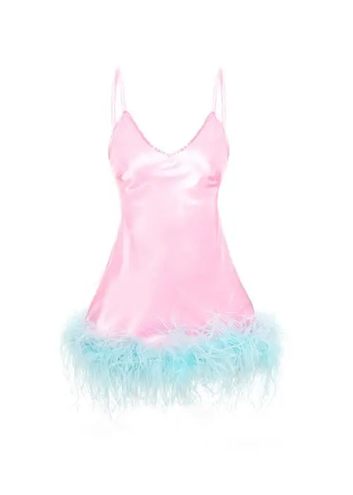 SPARKL Feather-trimmed Silk Mini Dress - Pink/blue