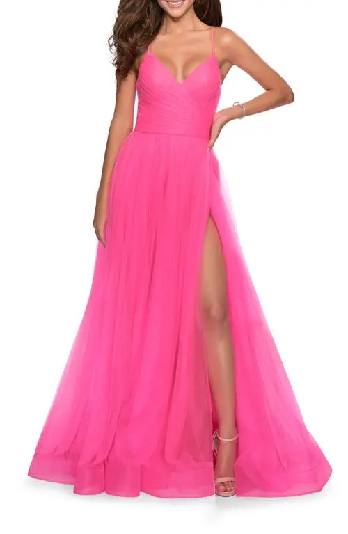 LABOMME Long Tulle A-line Gown With Slit And Pockets - Neon Pink