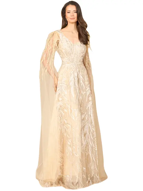 LARA NEW YORK V-neck Gown With Cape Sleeves - Champagne