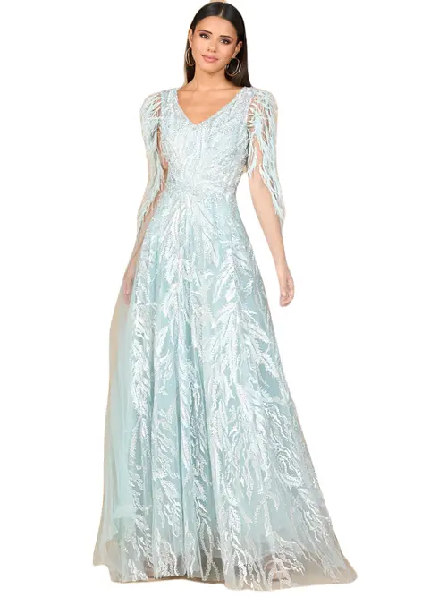 LARA NEW YORK V-neck Gown With Cape Sleeves - Dusty Blue