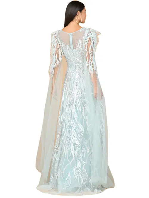 LARA NEW YORK V-neck Gown With Cape Sleeves - Dusty Blue