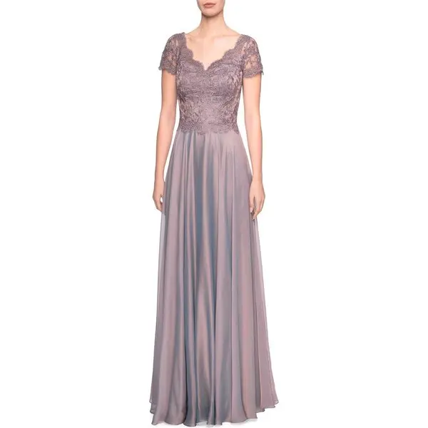 La Femme Long Chiffon Dress With Lace Bodice And Pockets - Cocoa