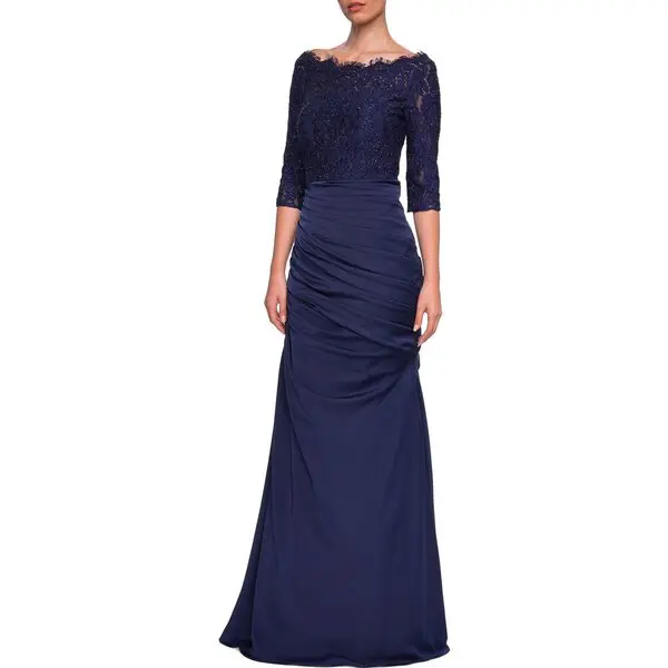 La Femme Gathered Mermaid Gown With Lace Top - Navy