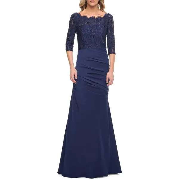 La Femme Gathered Mermaid Gown With Lace Top - Navy