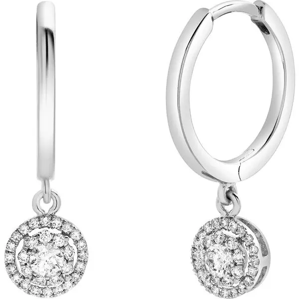 LUVMYJEWELRY Lilia Pave Round Diamond Drop Huggie Hoop Earrings - 14k White Gold
