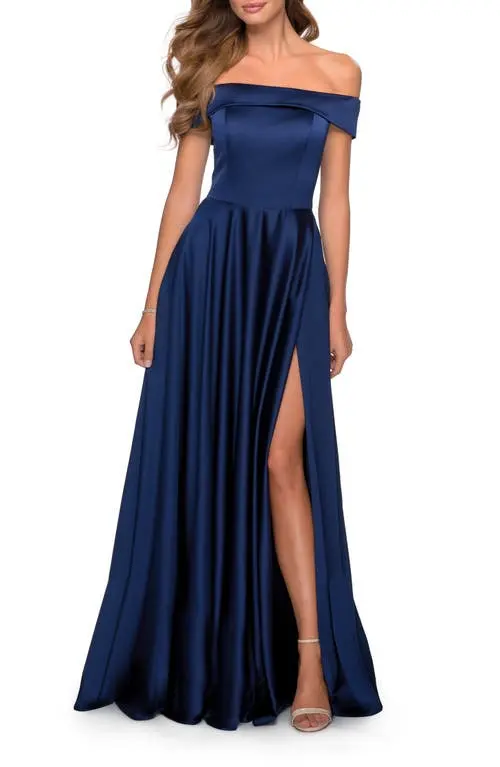 La Femme Satin Off-the-shoulder Evening Dress - Navy