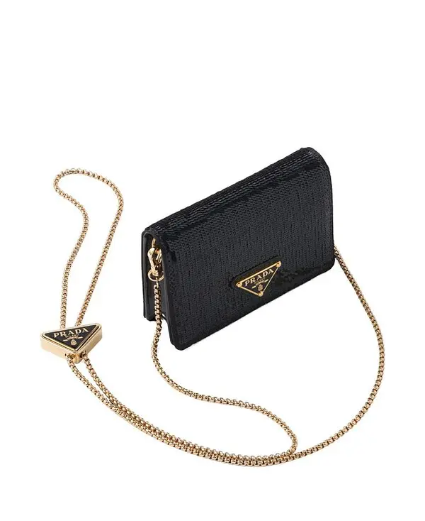 Prada Sequined Card Holder With Shoulder Strap - Black