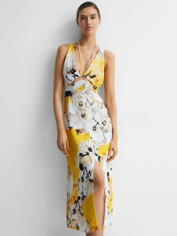 REISS Kasia Floral Print Midi Dress