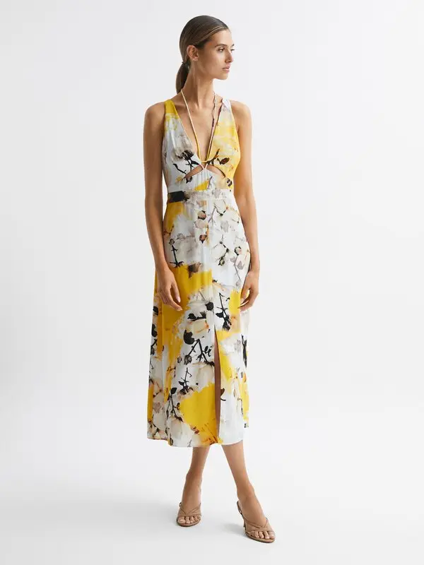 REISS Kasia Floral Print Midi Dress