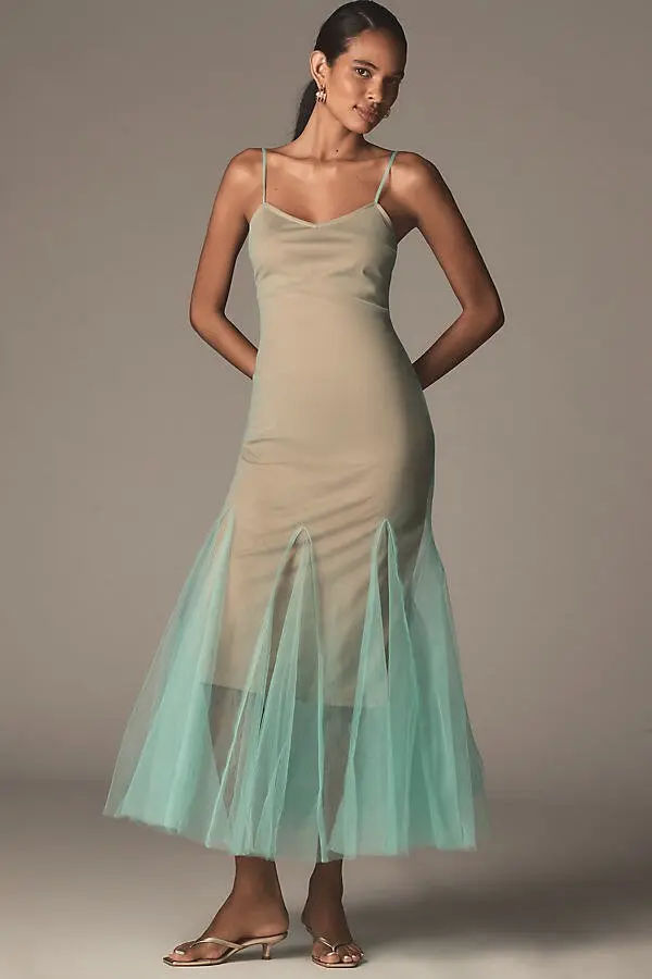 Two-tone Sheer Ruffle-hem Maxi Dress