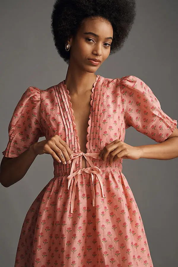 lovaan boehm short-sleeve v-neck linen-silk midi dress Boehm Short-sleeve V-neck Linen-silk Midi Dress