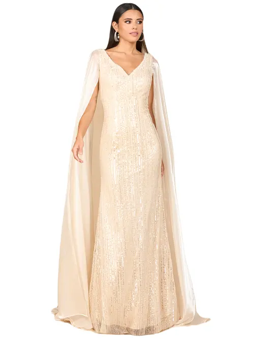 LARA NEW YORK Beaded V-neck Gown With Cape Sleeves - Champagne