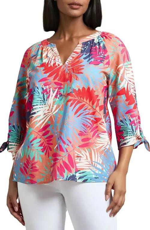 Jones New York Leaf Print Linen Blend Popover Top - Coral Sun Multi