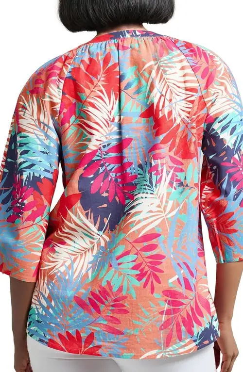 Jones New York Leaf Print Linen Blend Popover Top
