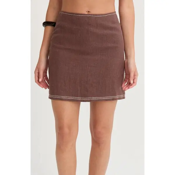 CRESCENT Embroidered Contrast Stitch Linen Mini Skirt - Brown
