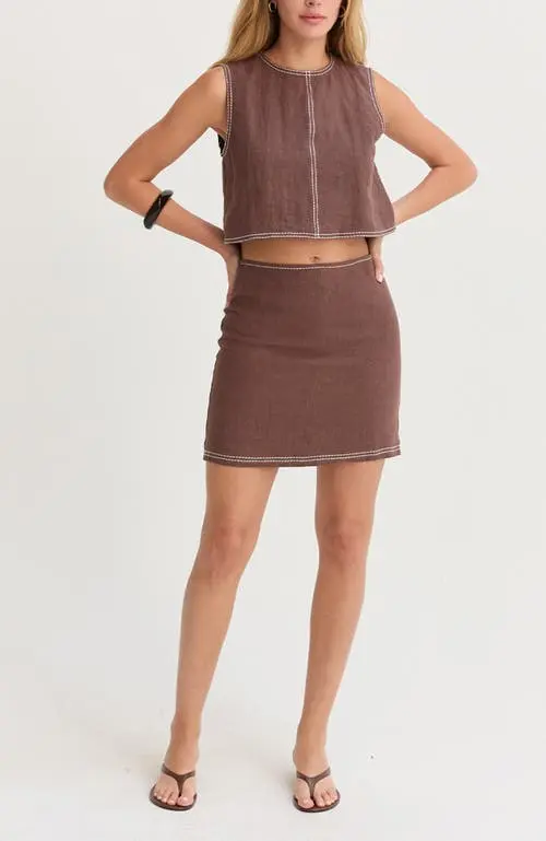 CRESCENT Embroidered Contrast Stitch Linen Mini Skirt - Brown