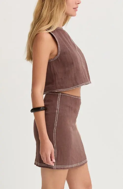 CRESCENT Embroidered Contrast Stitch Linen Mini Skirt - Brown