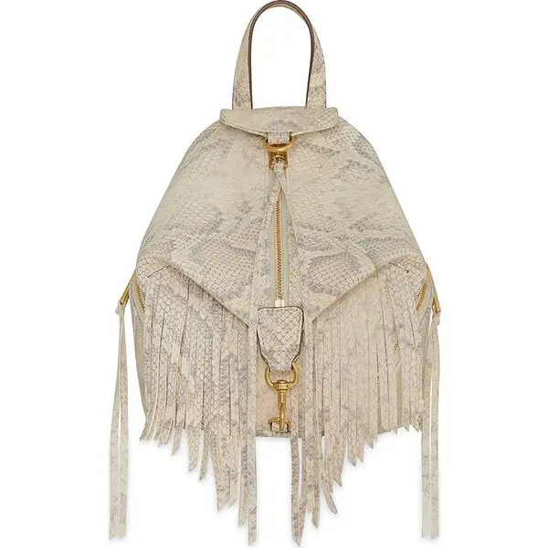 Rebecca Minkoff Mini Julian Snakeskin Print Convertible Backpack With Fringe - Natural