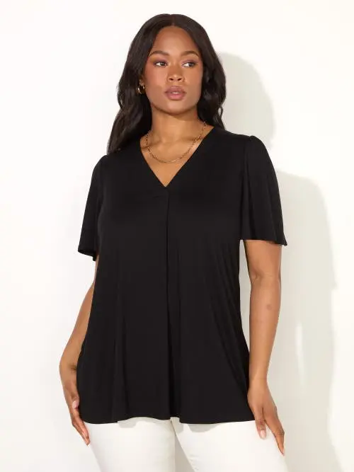 LIVE UNLIMITED Jersey Flutter Sleeve V-neck T-shirt - Black