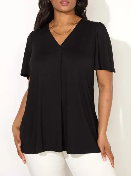LIVE UNLIMITED Jersey Flutter Sleeve V-neck T-shirt - Black