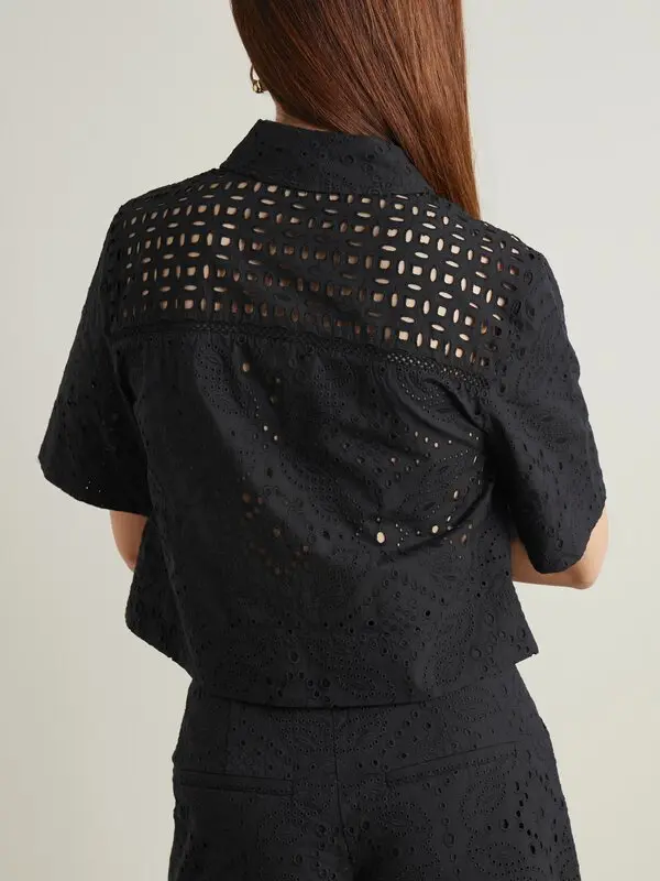 Veronica Beard Spruce Cropped Broderie Anglaise Cotton Shirt