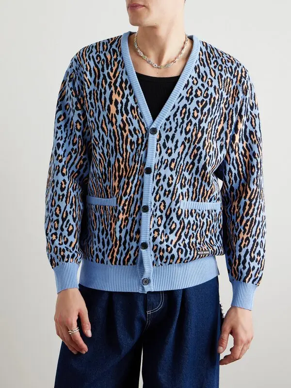 Wacko Maria Leopard Cotton-Jacquard Cardigan - Blue | Editorialist