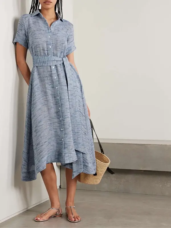 Liza Marie Belted Linen-Blend Tweed Midi Shirt Dress In Blue - 50% Off |  Editorialist