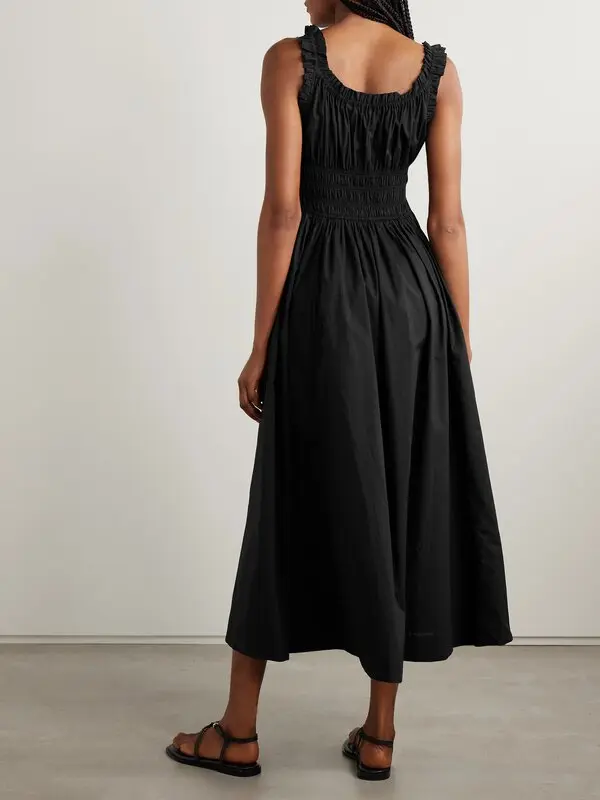 DÔEN Emmaretta Shirred Organic Cotton-voile Midi Dress - Black