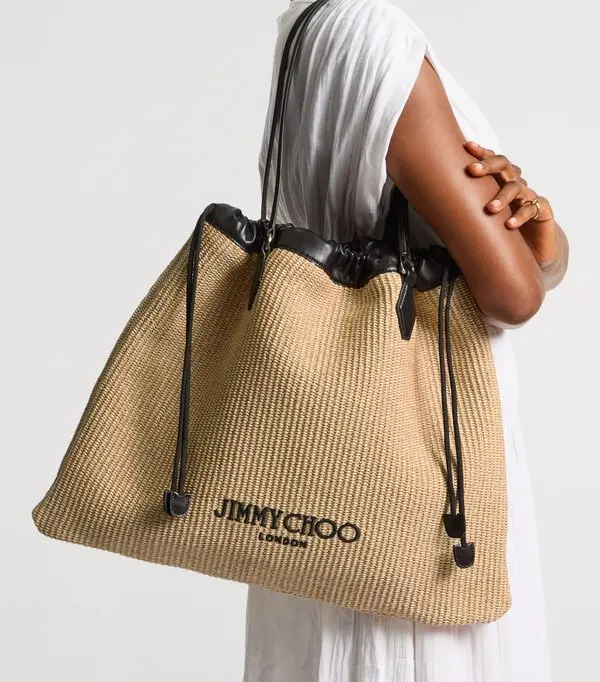 JIMMY CHOO Large Raffia Drawstring Tote Bag - Beige