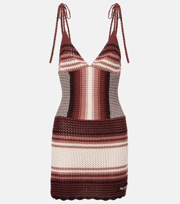 Attico Crochet Striped Cotton Minidress - Brown