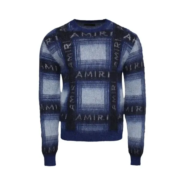 Amiri Brushed Mohair Plaid Crew - Blue