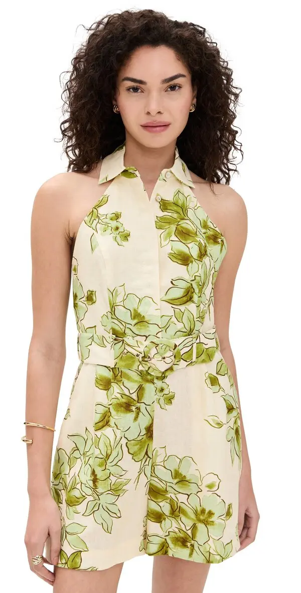 HEVRON Asha Floral Linen Romper - Green Floral
