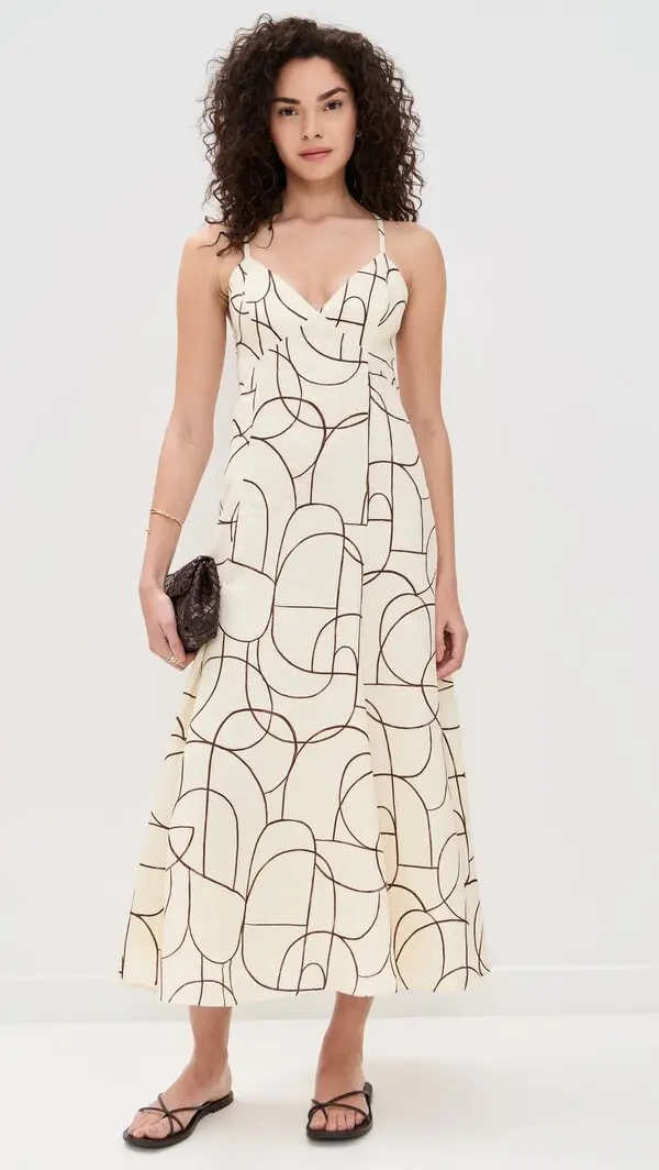 HEVRON Wyeth Geometric Print Linen Midi Dress