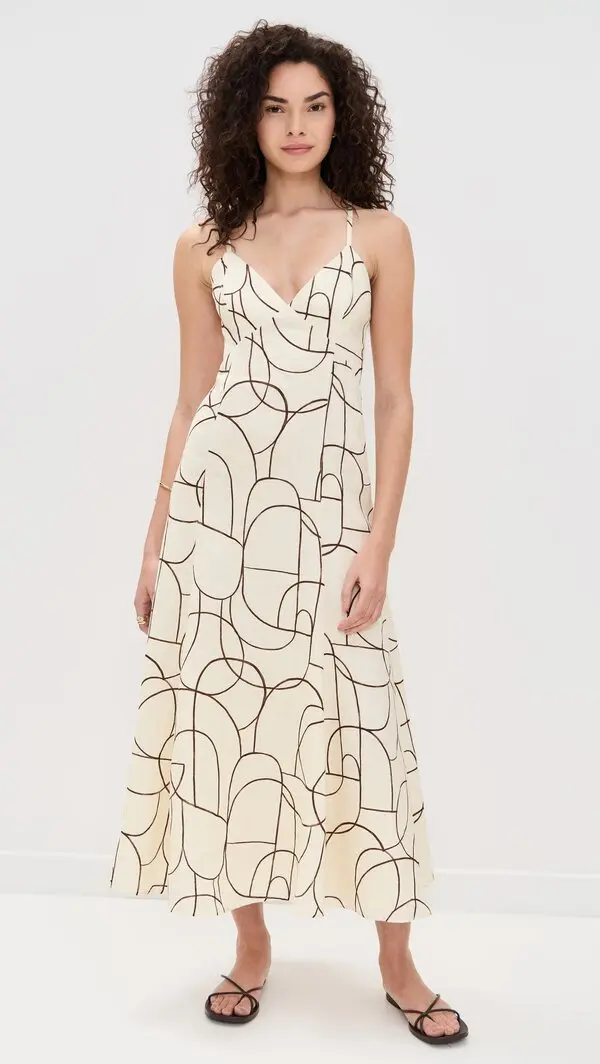 HEVRON Wyeth Geometric Print Linen Midi Dress