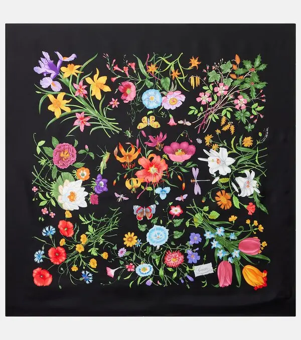 Gucci Floral Silk Twill Scarf - Black