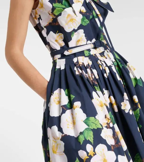 Oscar De La Renta Floral Pleated Cotton-blend Midi Dress - Multicoloured