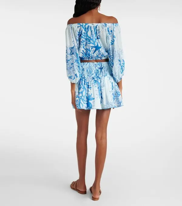 Poupette St Barth Printed Off-shoulder Cotton Top - Blue