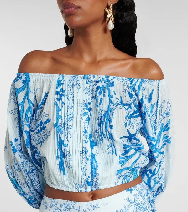 Poupette St Barth Printed Off-shoulder Cotton Top - Blue